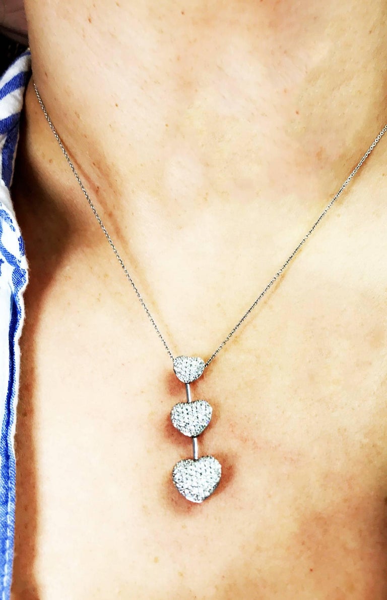 Three Heart Drop Diamond Gold Pendant Necklace For Sale at 1stDibs ...