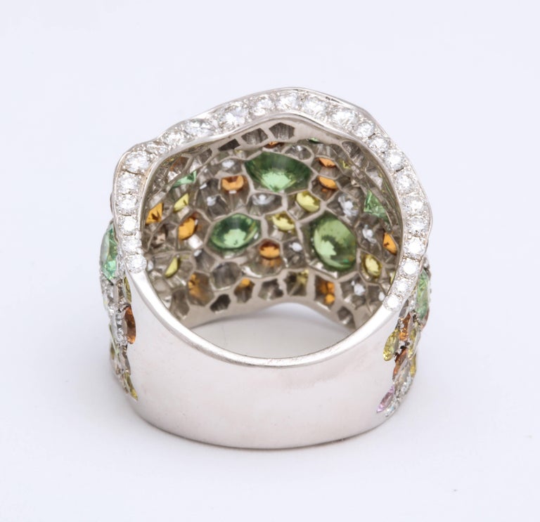 Wave Mixed Stone 18 Karat White Gold Cigar Band Ring For Sale at ...