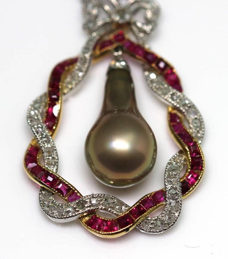 Edwardian Bronze Natural Pearl Drop Rubies Diamonds Pendant at 1stDibs