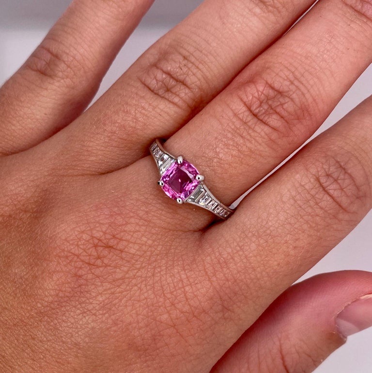1.38 Carat Pink Cushion Sapphire and Diamond Ring For Sale at 1stDibs