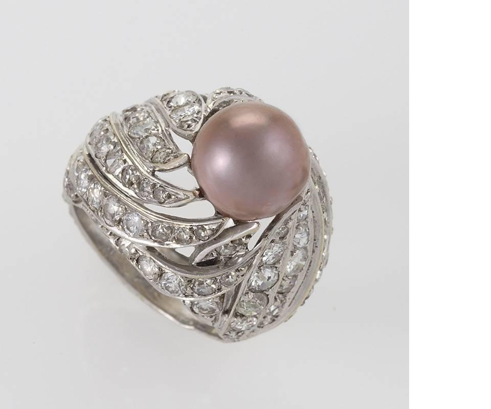 Sterlé Paris 1950s Natural Pearl Diamond Gold Ring For Sale at 1stDibs