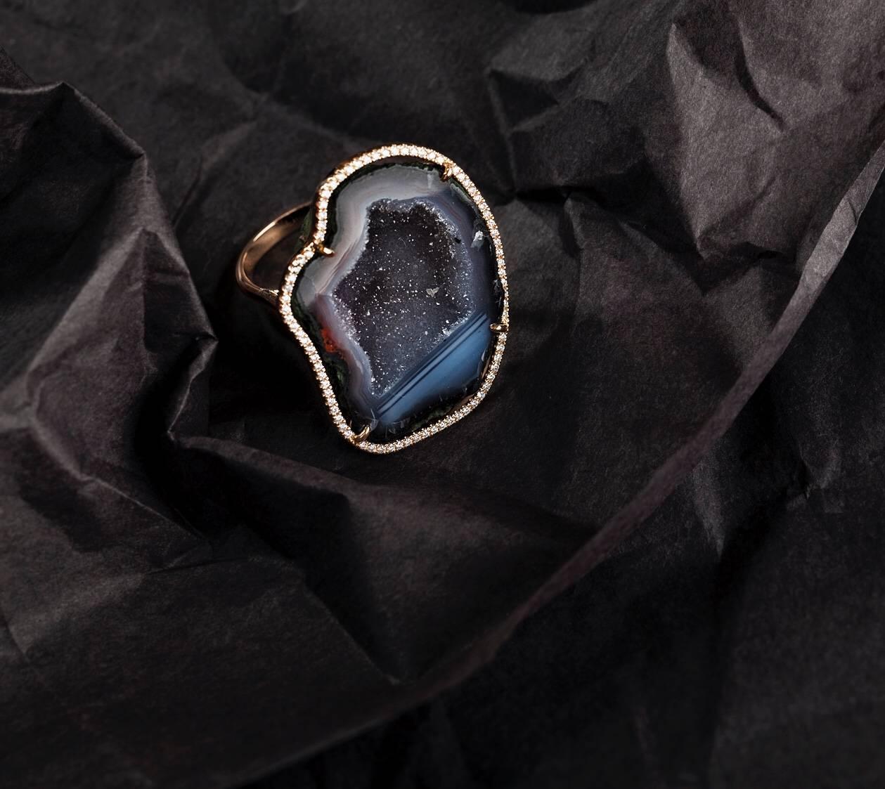 Karolin Rose Gold White Diamond Grey Agate Geode Cocktail Ring at 1stDibs
