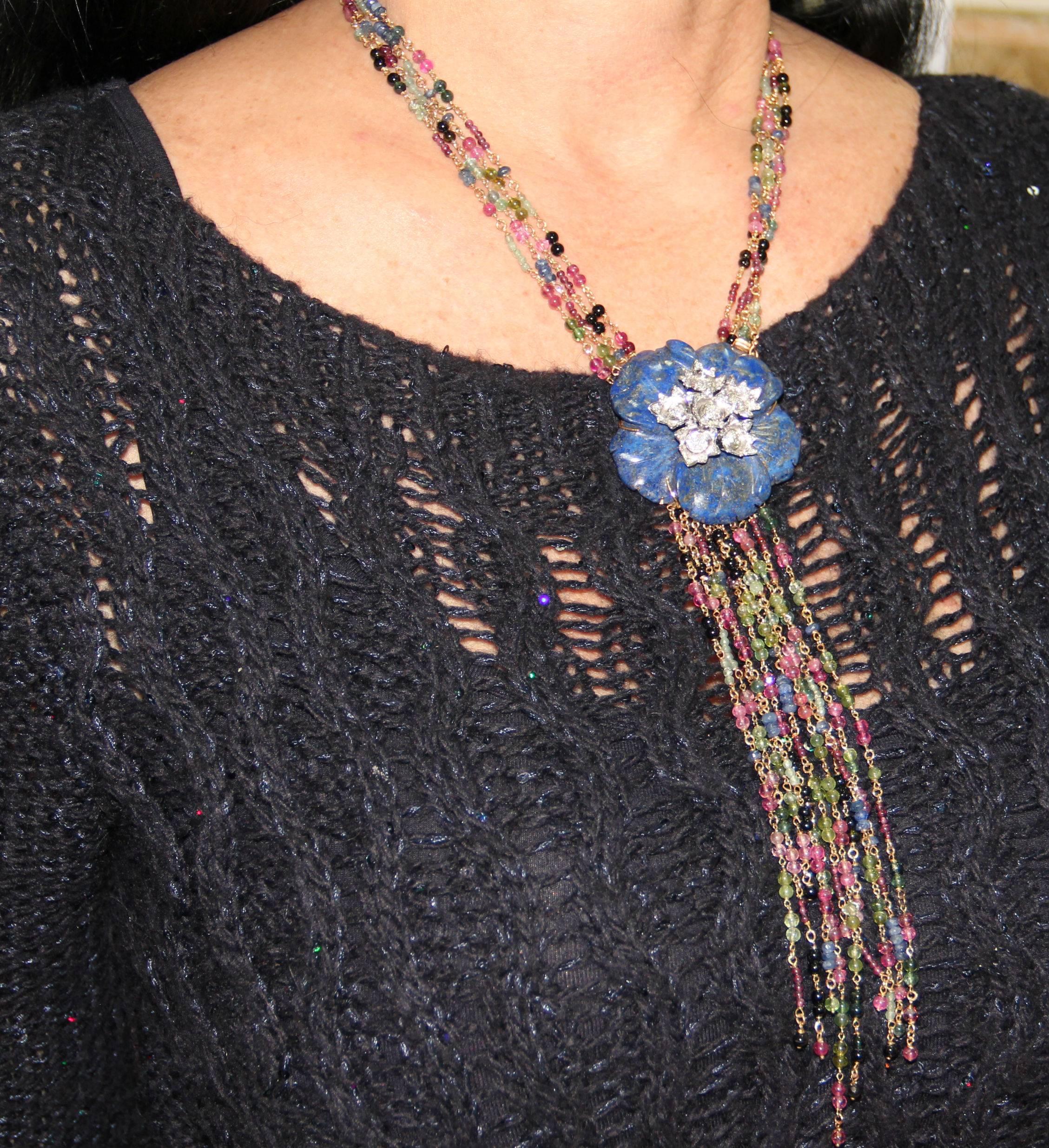 Lapislazuli Flower Tourmaline Diamonds White Gold 18 karat Drop ...