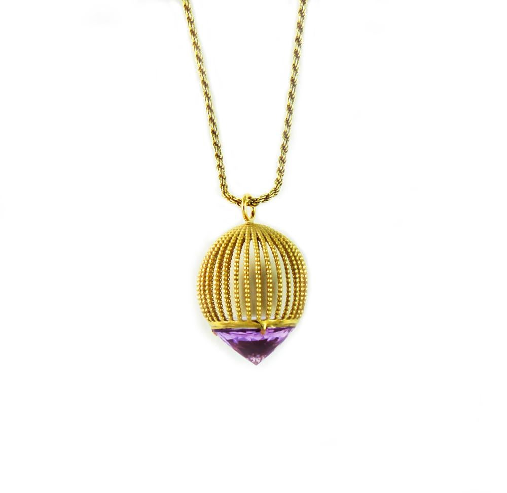 Long Cage Necklace Gold Vermeil and Amethyst For Sale at 1stDibs