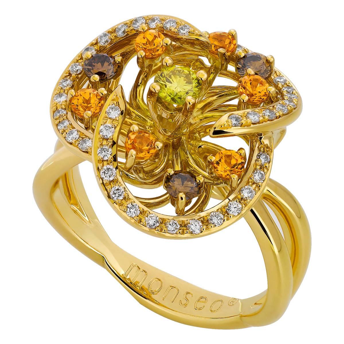 Monseo Yellow Diamond, Mandarin Garnet and Brown Diamonds Flower Gold ...