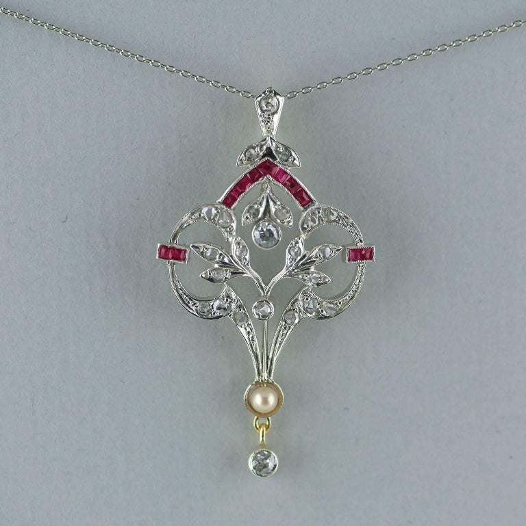 18 Carat Diamond, Ruby, Pearl, Belle Époque Pendant, circa 1910 at 1stDibs