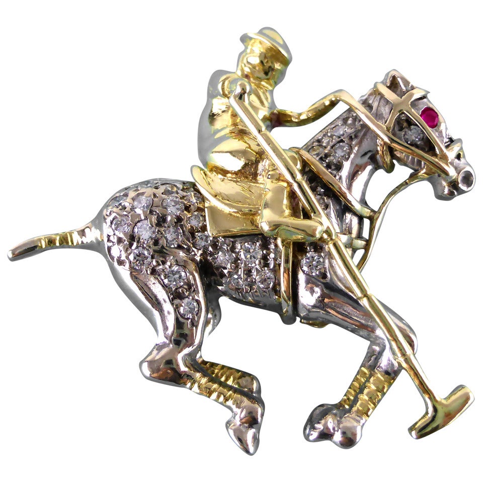 Ruby Diamond Gold Polo Player Brooch, circa 1960 For Sale at 1stDibs