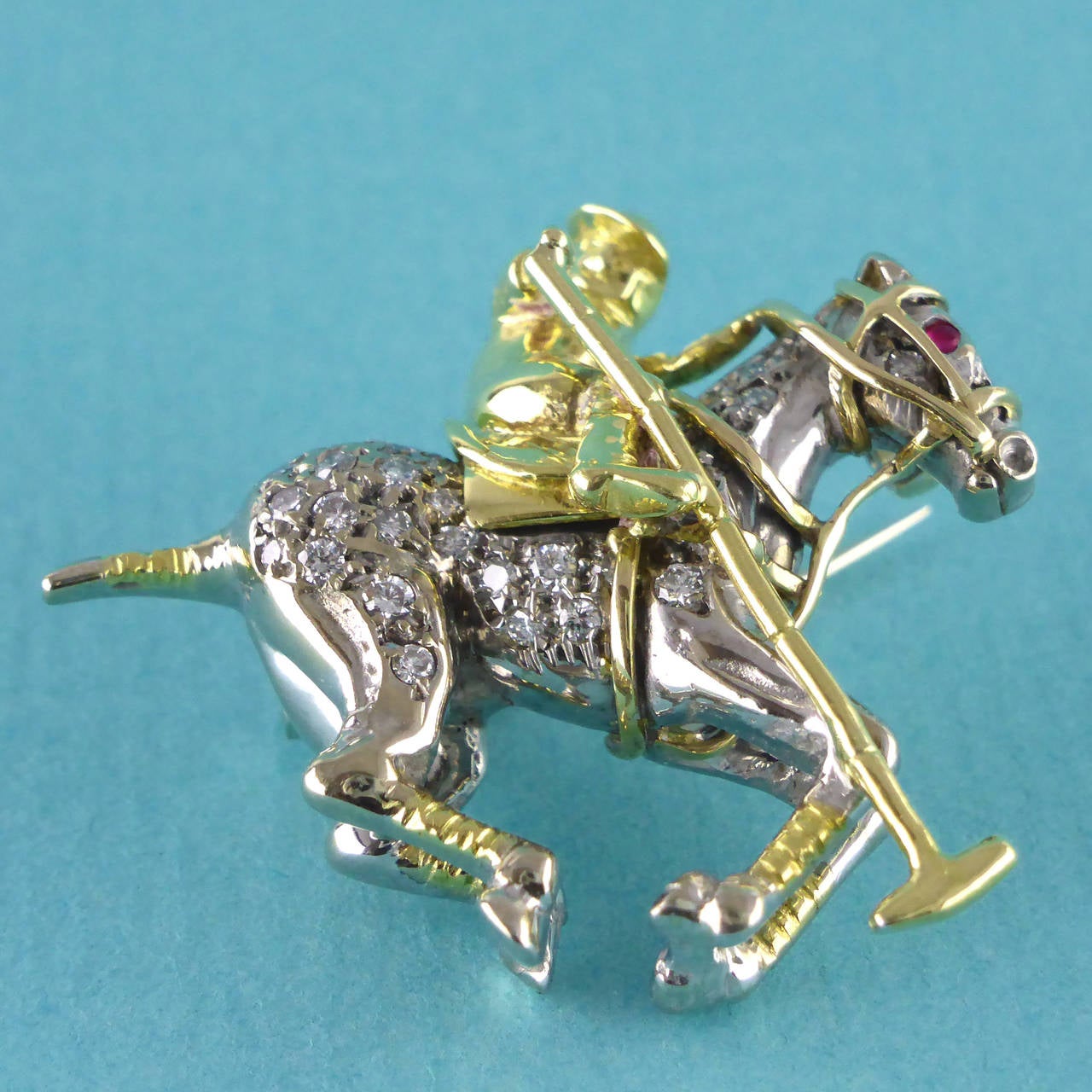 Ruby Diamond Gold Polo Player Brooch, circa 1960 For Sale at 1stDibs