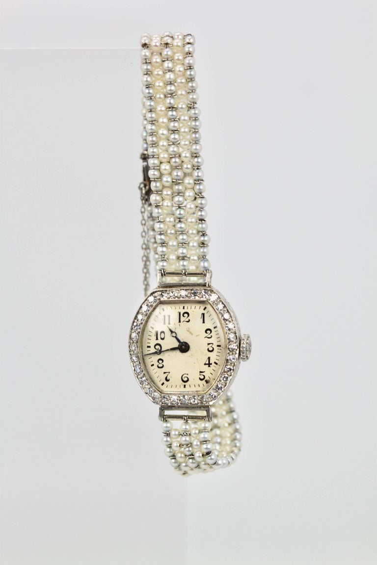 Ladies Platinum Diamond Seed Pearl Wristwatch For Sale at 1stDibs