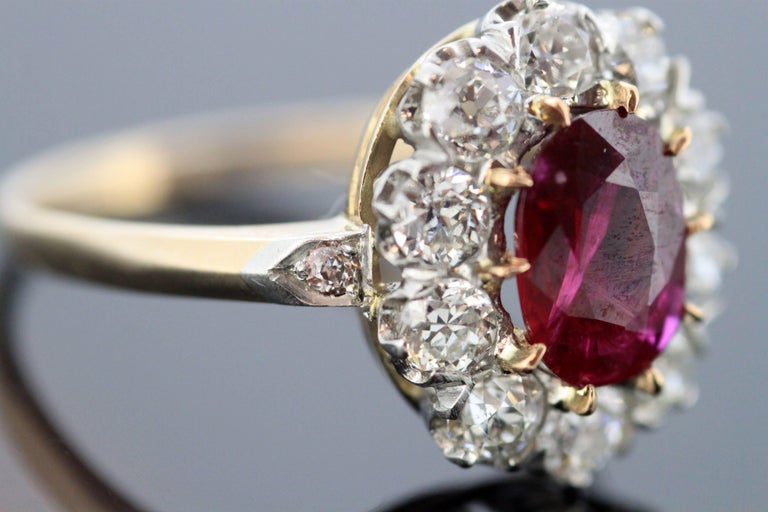 18 Karat Yellow Gold Oval Ruby Diamond Cluster Ring, circa 1970s at 1stDibs