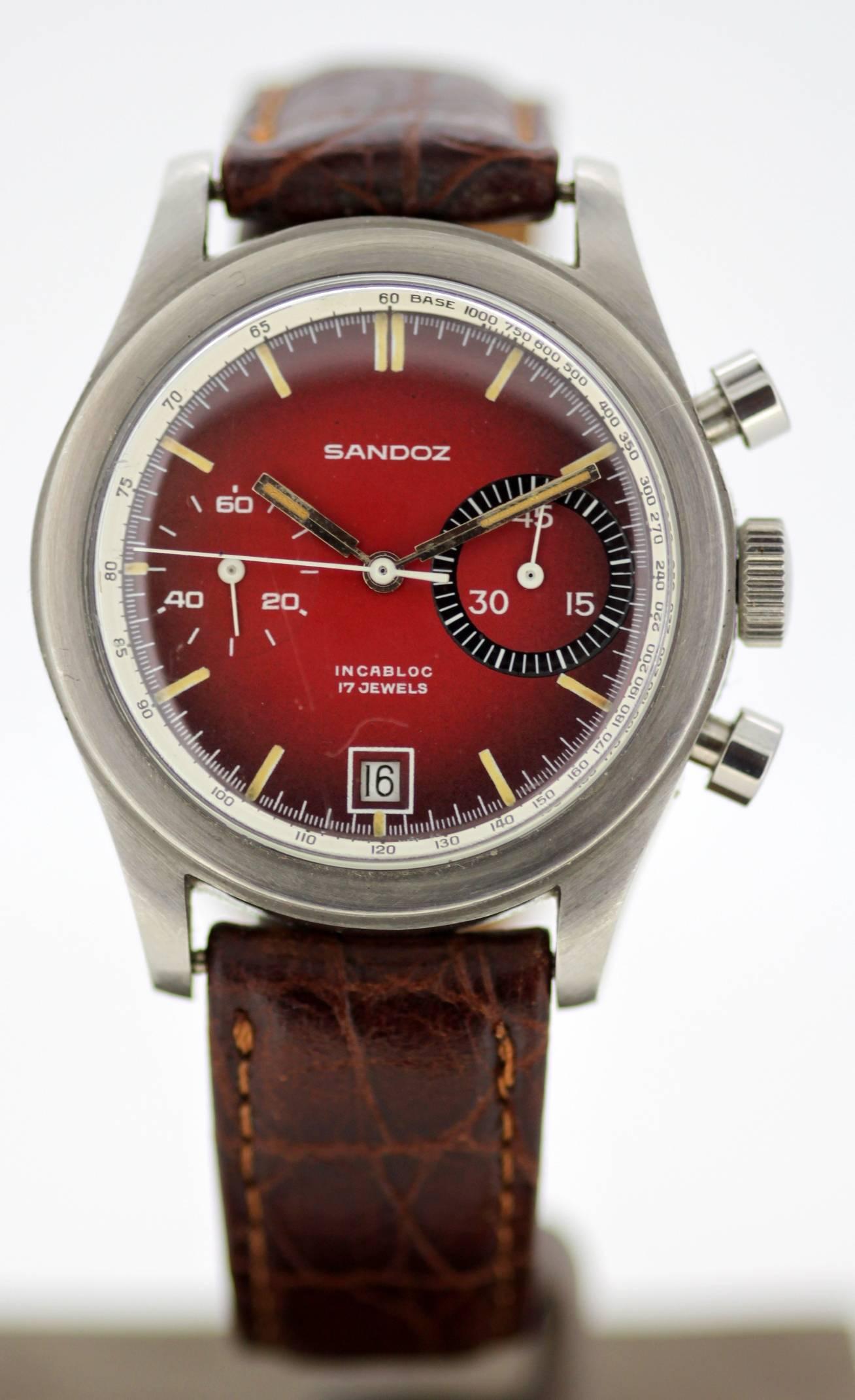 Sandoz Incabloc Vintage Chronograph Watch, Red Vignette Dial, 1960s For ...