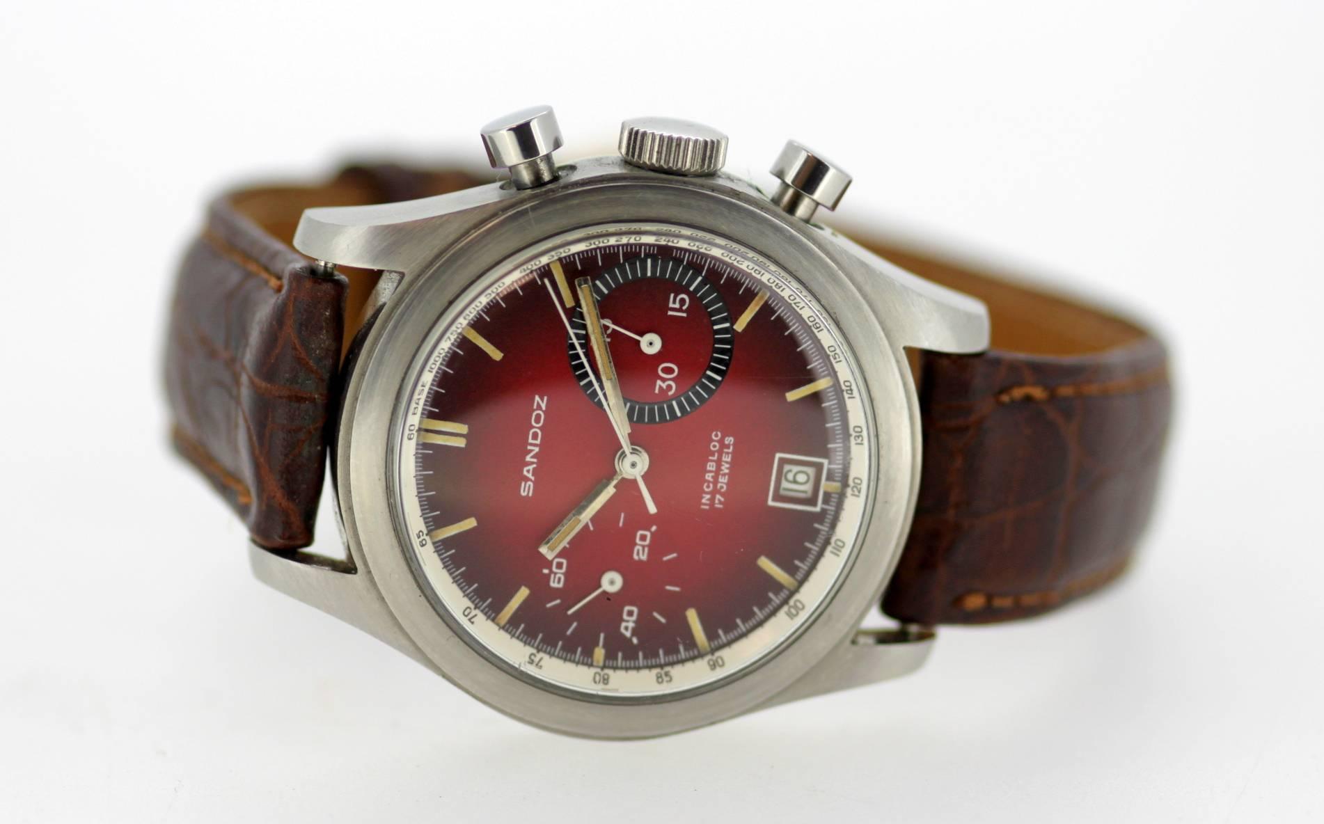 Sandoz Incabloc Vintage Chronograph Watch, Red Vignette Dial, 1960s For ...