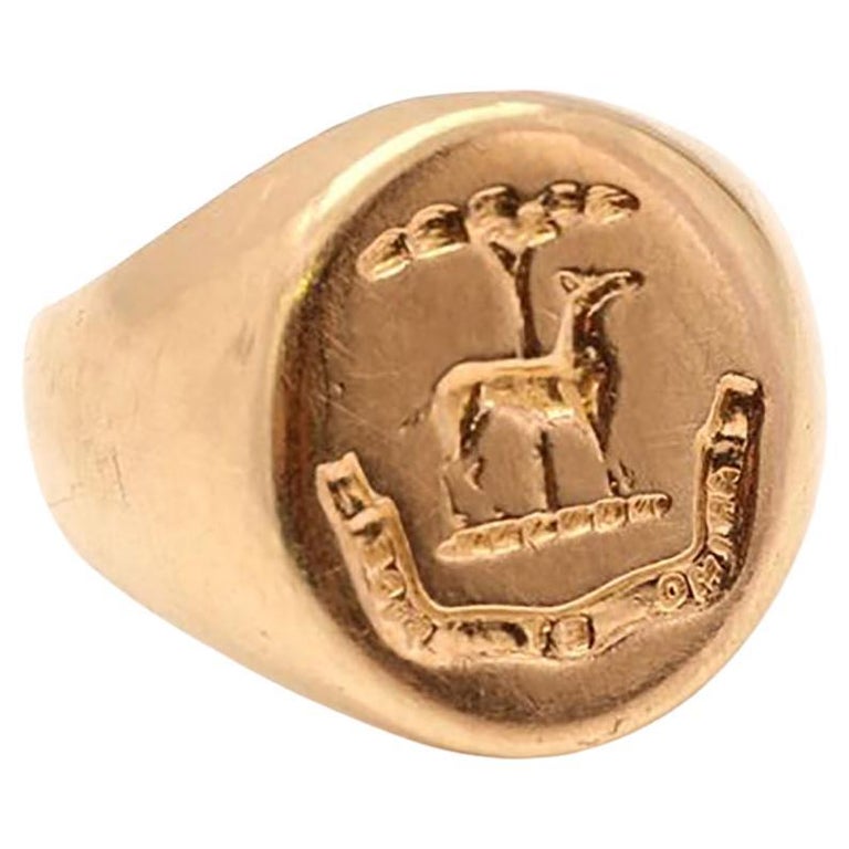 Vintage 14kt. Yellow Gold Oval Signet Ring with Engraved Dog and Latin ...