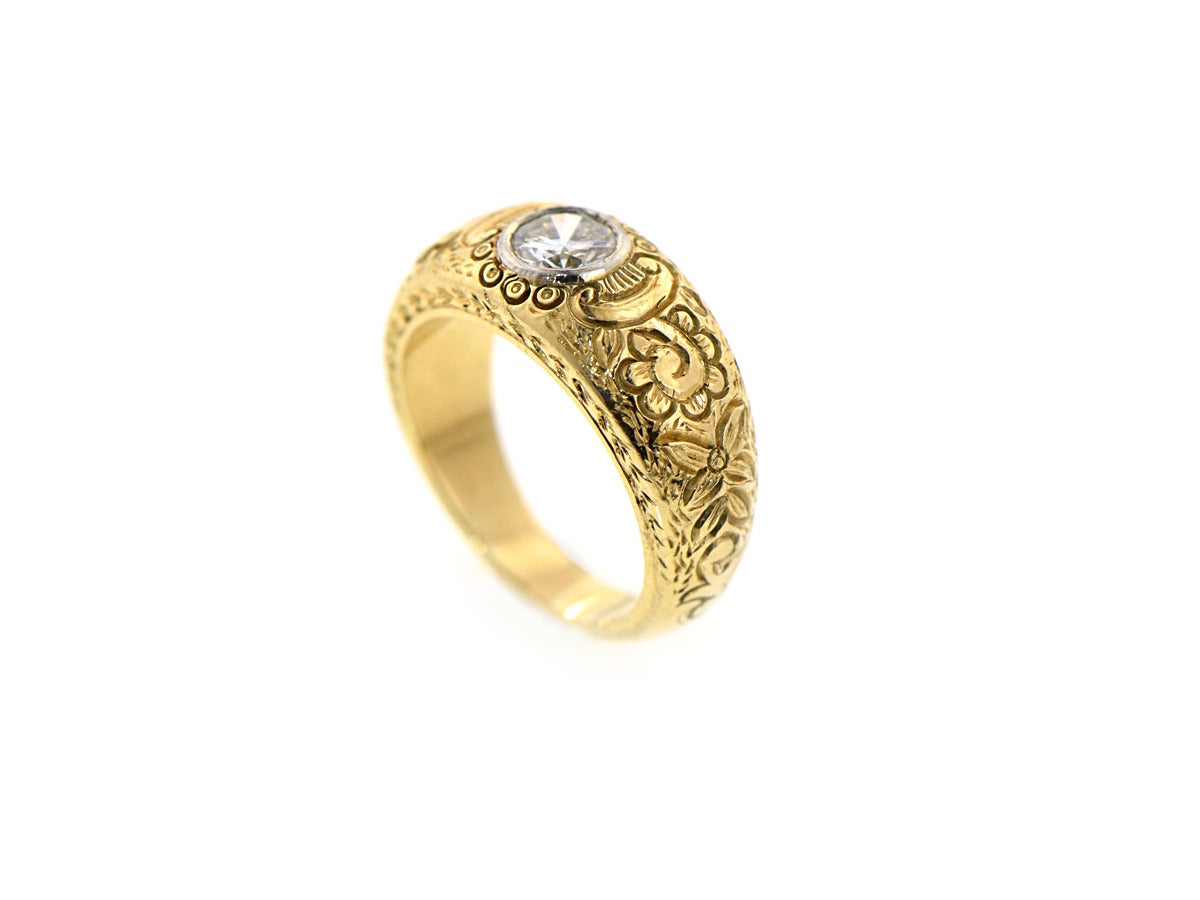 Engraved Diamond Gold Ring For Sale at 1stDibs