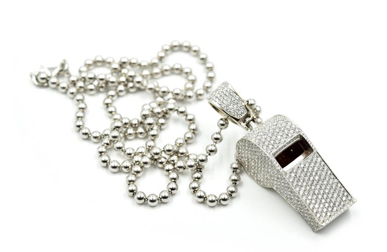 White Gold, 13.50 Carat Pave Diamond Set Whistle on White Gold Beaded ...
