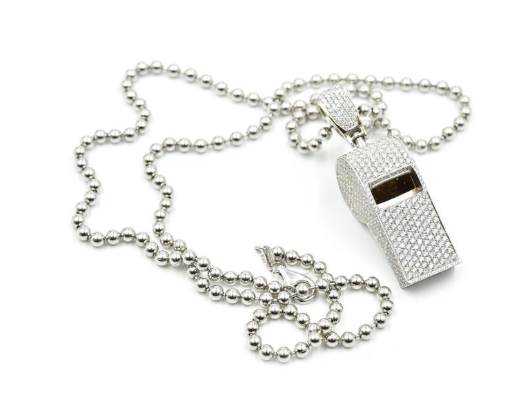 White Gold, 13.50 Carat Pave Diamond Set Whistle on White Gold Beaded ...