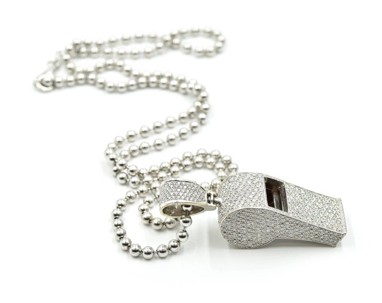 White Gold, 13.50 Carat Pave Diamond Set Whistle on White Gold Beaded ...