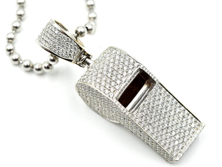 White Gold, 13.50 Carat Pave Diamond Set Whistle on White Gold Beaded ...