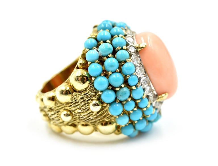 Diamond, Turquoise and Red Coral Cocktail Ring at 1stDibs