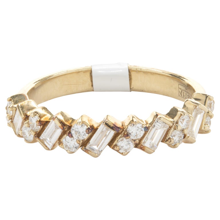 14 Karat Yellow Gold Round and Baguette Diamond Tilt Band For Sale at ...