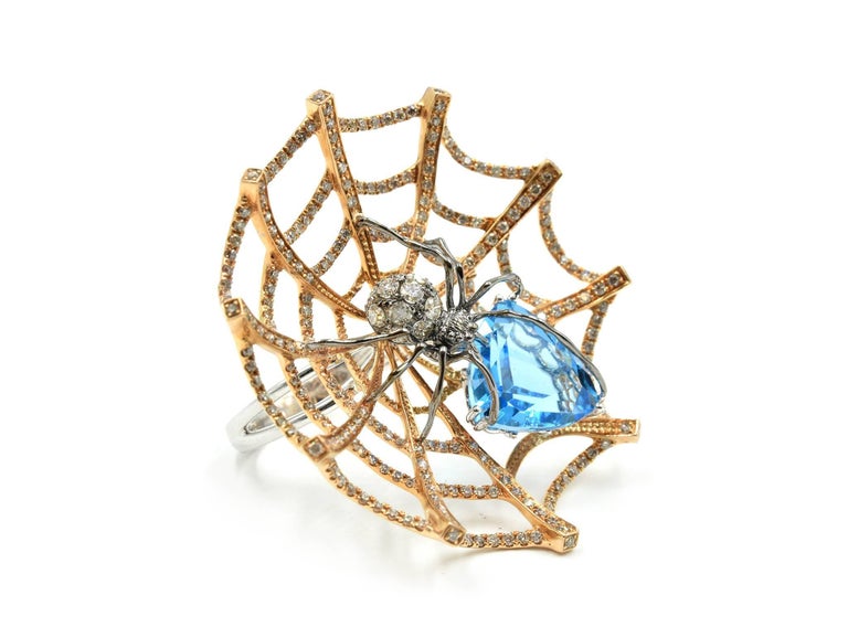 Spider in Web Diamond and Blue Topaz Cocktail Ring at 1stDibs
