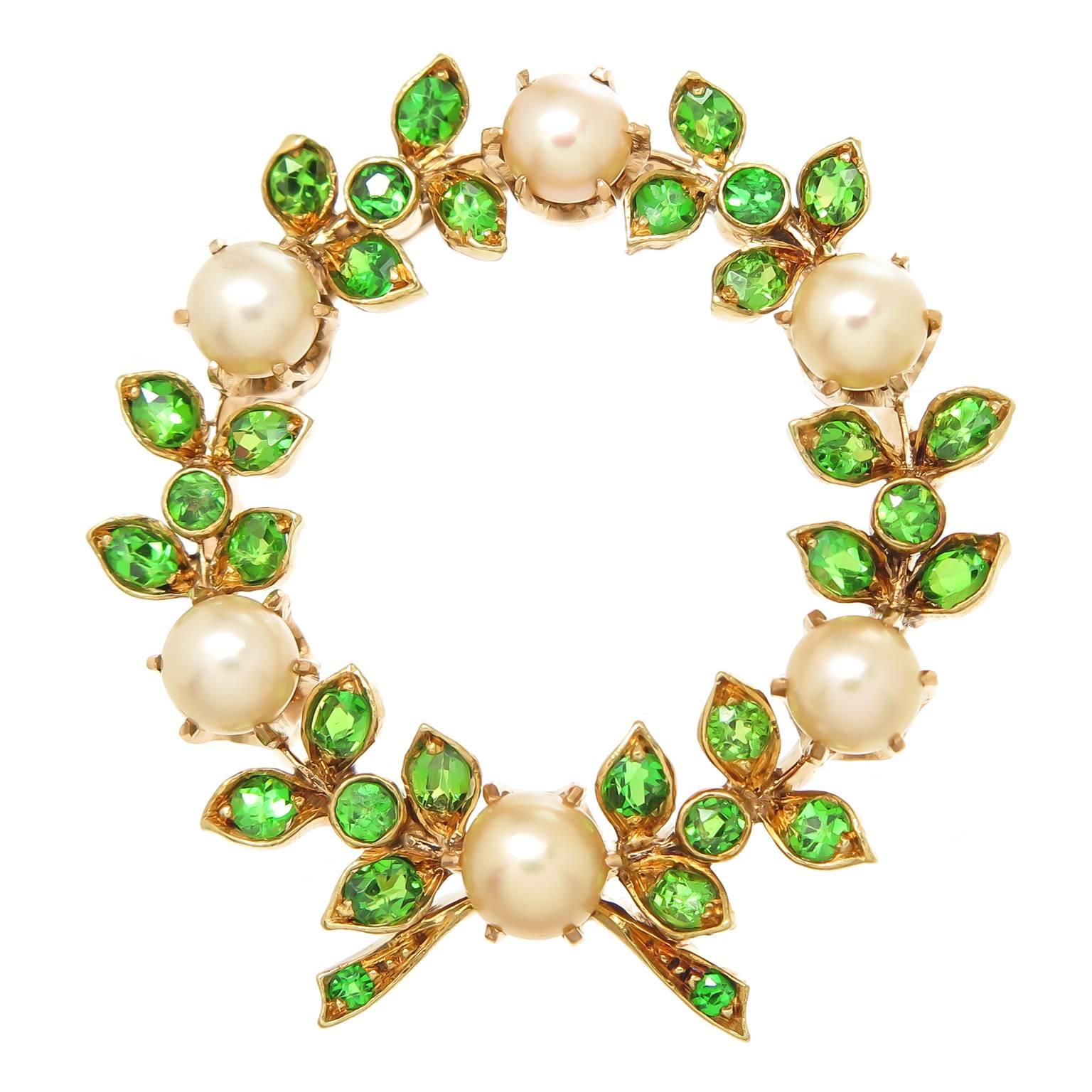 Demantoid Garnet Pearl Gold Wreath Pin Pendant at 1stDibs