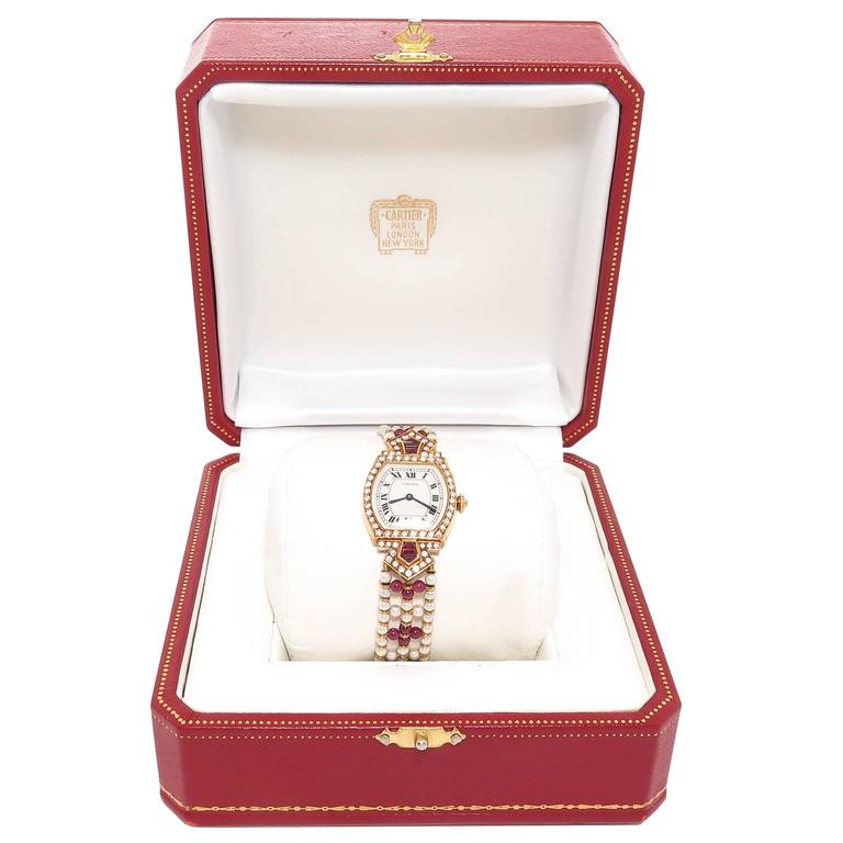Cartier Lady's Yellow Gold Diamond Ruby Pearl Tortue Wristwatch at 1stDibs