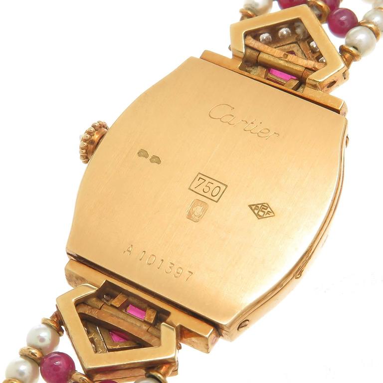 Cartier Lady's Yellow Gold Diamond Ruby Pearl Tortue Wristwatch at 1stDibs