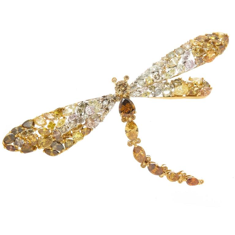 Large Natural Fancy Color Diamond Gold Dragonfly Brooch For Sale at 1stdibs