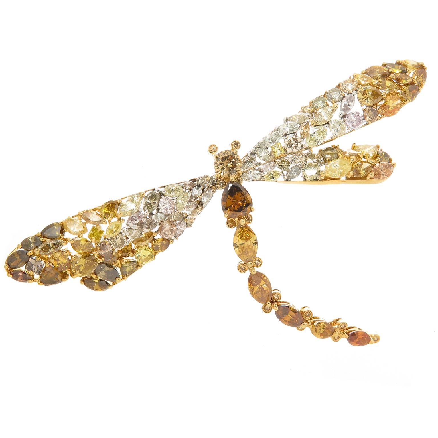 Large Natural Fancy Color Diamond Gold Dragonfly Brooch at 1stDibs