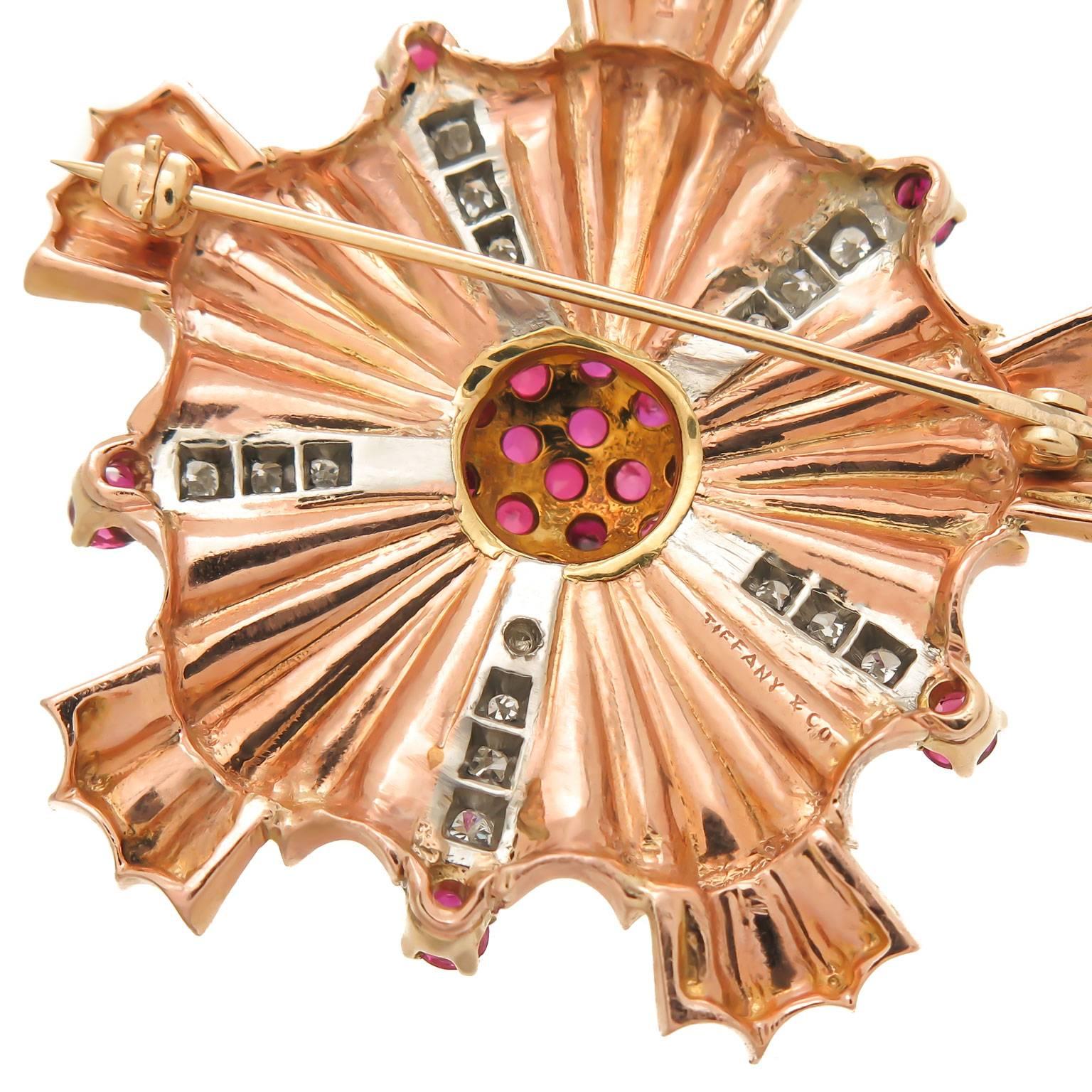 Tiffany and Co. Retro Ruby Diamond Gold Brooch at 1stDibs