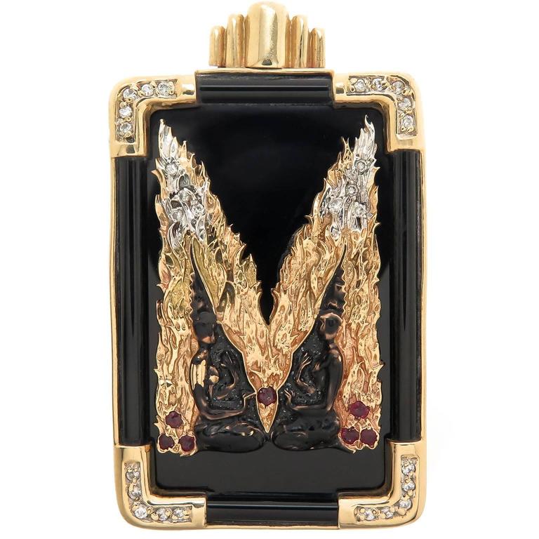 1980s Erte Gem Set Silver Gold M Brooch at 1stDibs