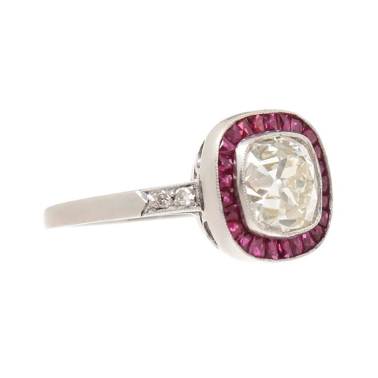French Cut Ruby Cushion Diamond Platinum Engagement Ring at 1stDibs ...
