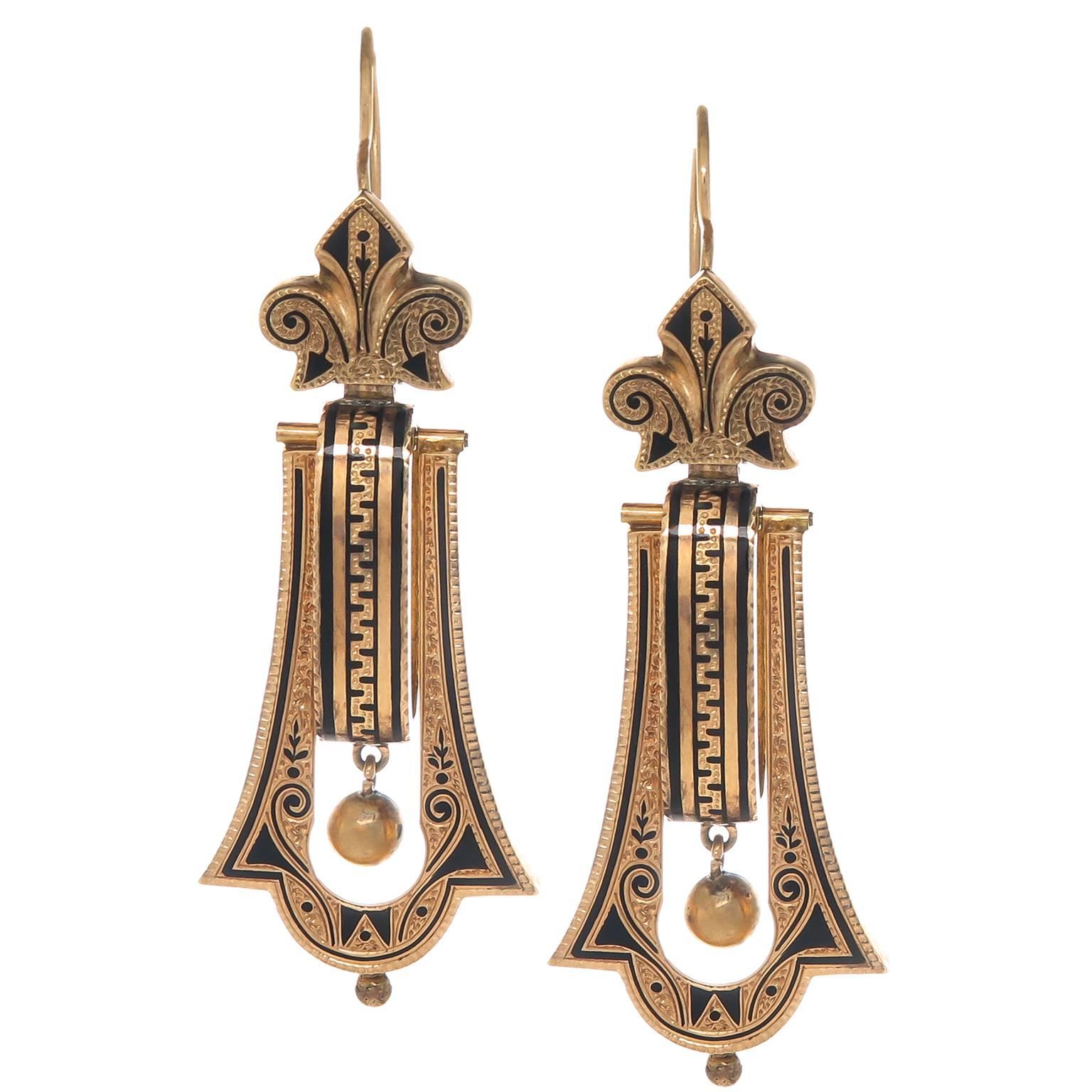 Victorian Enamel Gold Long Dangle Earrings at 1stDibs