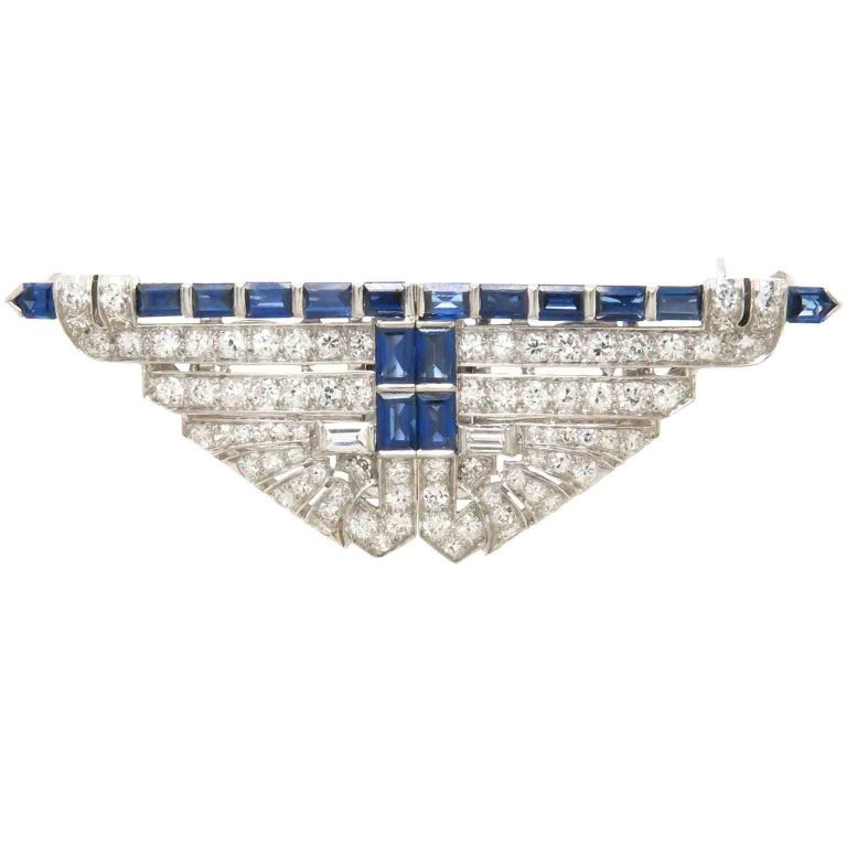 Art Deco Platinum Diamond and Sapphire Dress Clips Brooch at 1stDibs