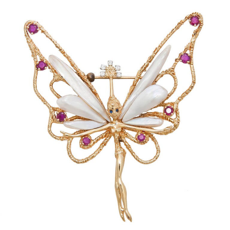 Ruser Pearl Ruby Sapphire Diamond Gold Winged Fairy Brooch at 1stDibs