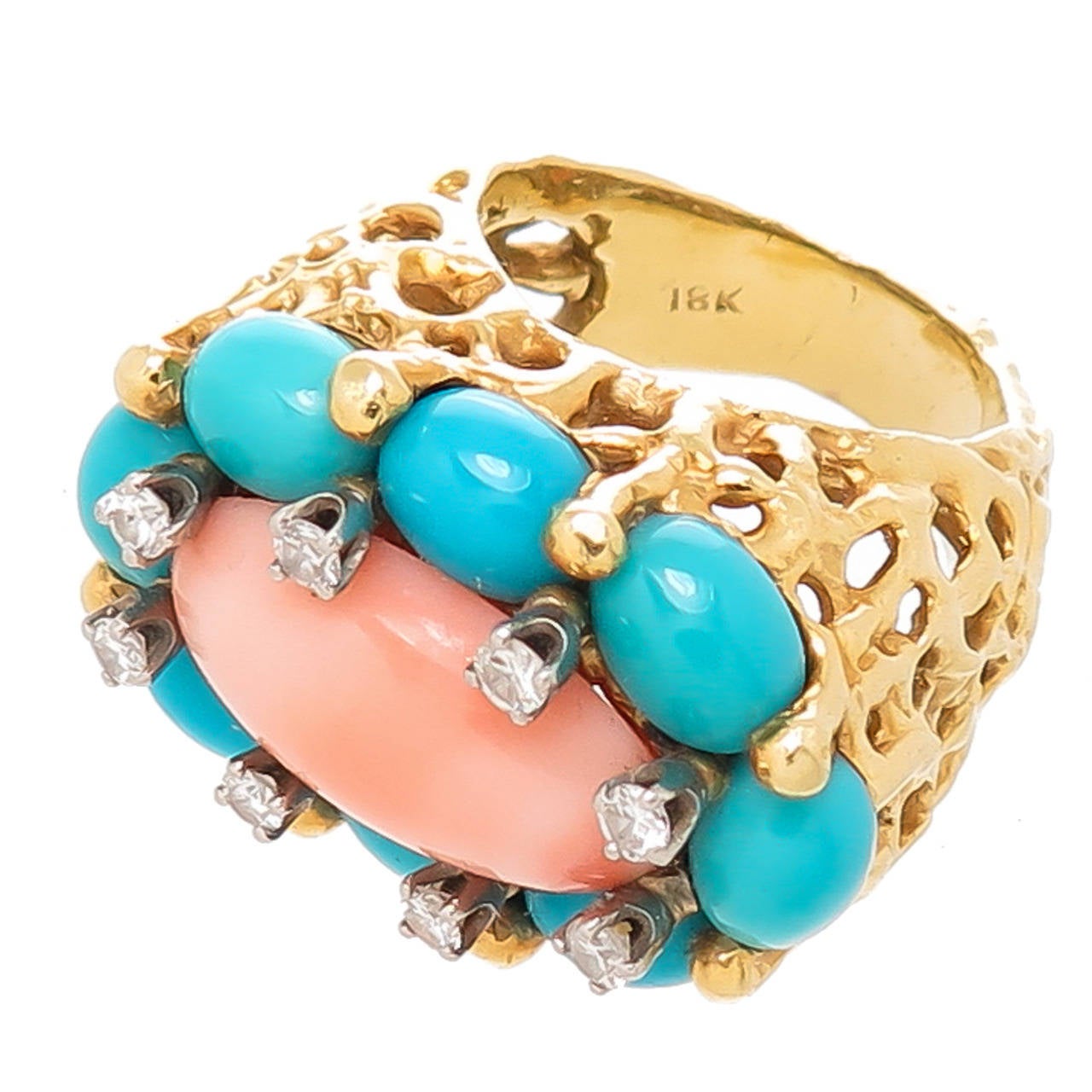Coral Turquoise Diamond Yellow Gold Ring at 1stDibs