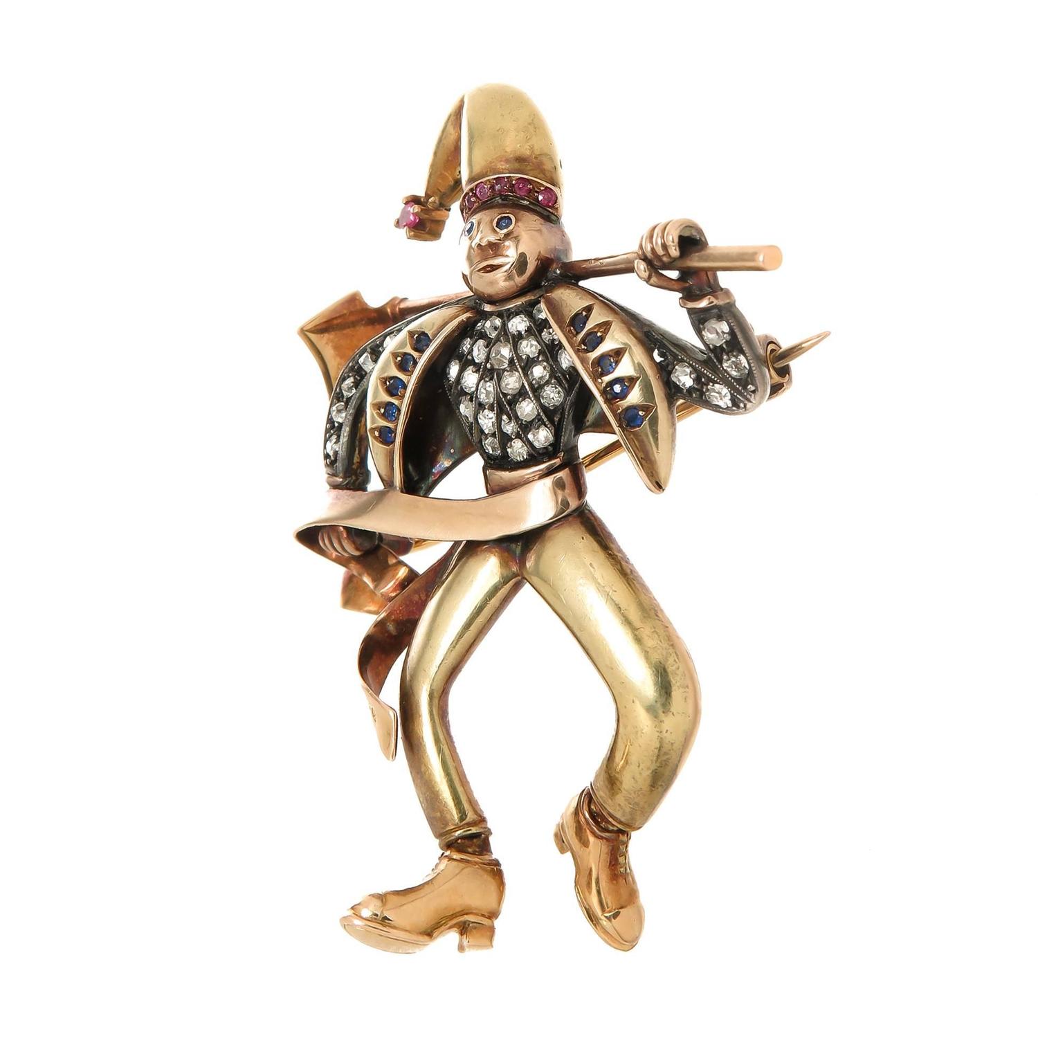Gem set Gold Jester Brooch For Sale at 1stdibs