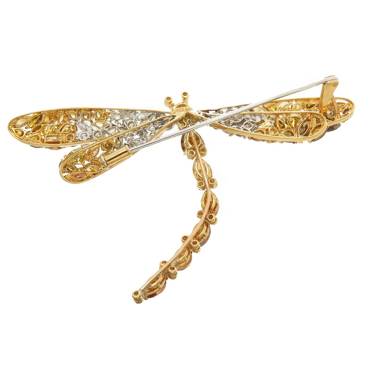 Large Natural Fancy Color Diamond Gold Dragonfly Brooch For Sale at 1stdibs