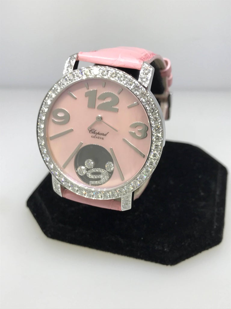 Chopard Ladies White Gold Diamond Happy Diamonds Pink Bezel Wristwatch ...