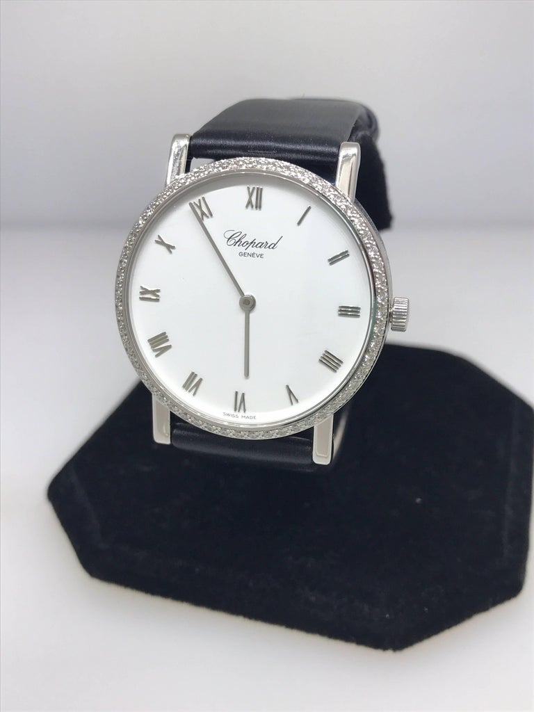 Chopard Classic White Gold Diamond White Dial Black Leather Band Unisex ...