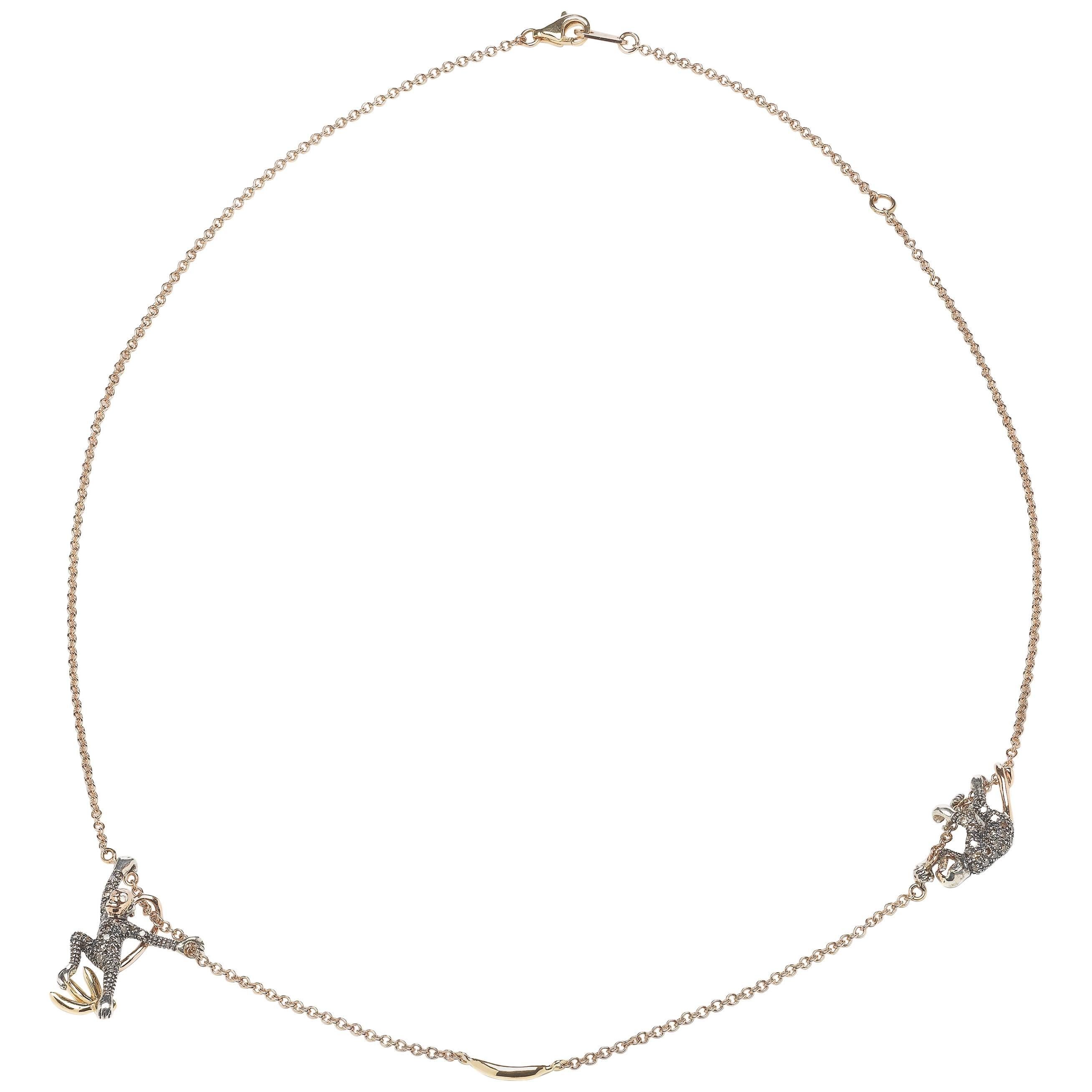 18k Rose Gold with Diamonds and Sterling Silver Monkey Duo Necklace For ...