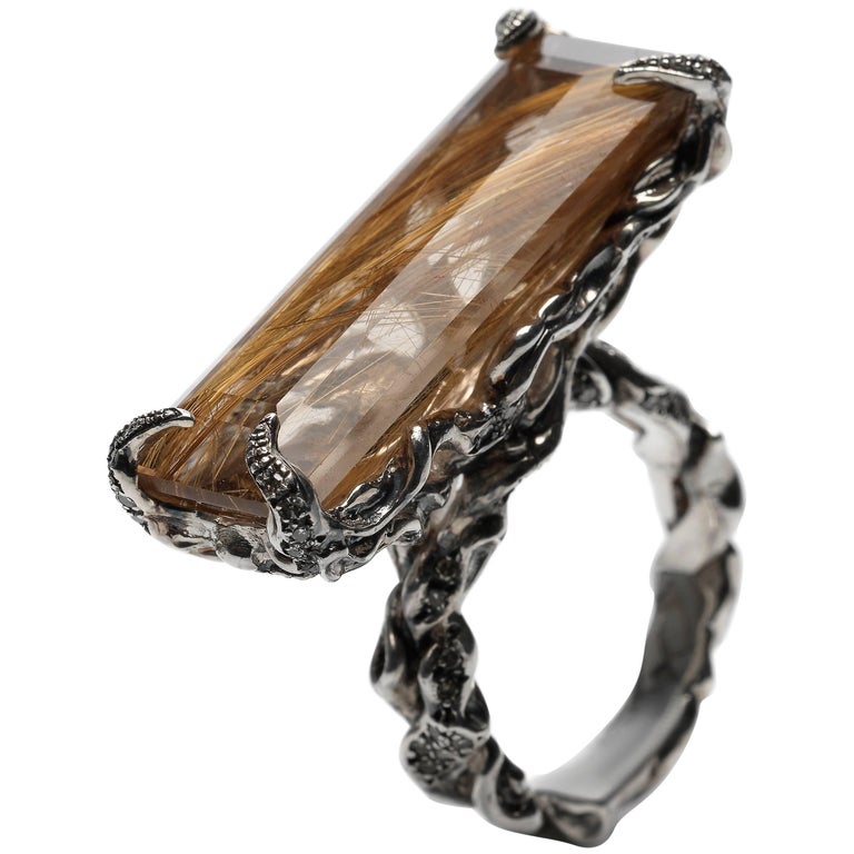Rutile Quartz Sterling Silver Brown Diamonds Cocktail Ring For Sale at ...