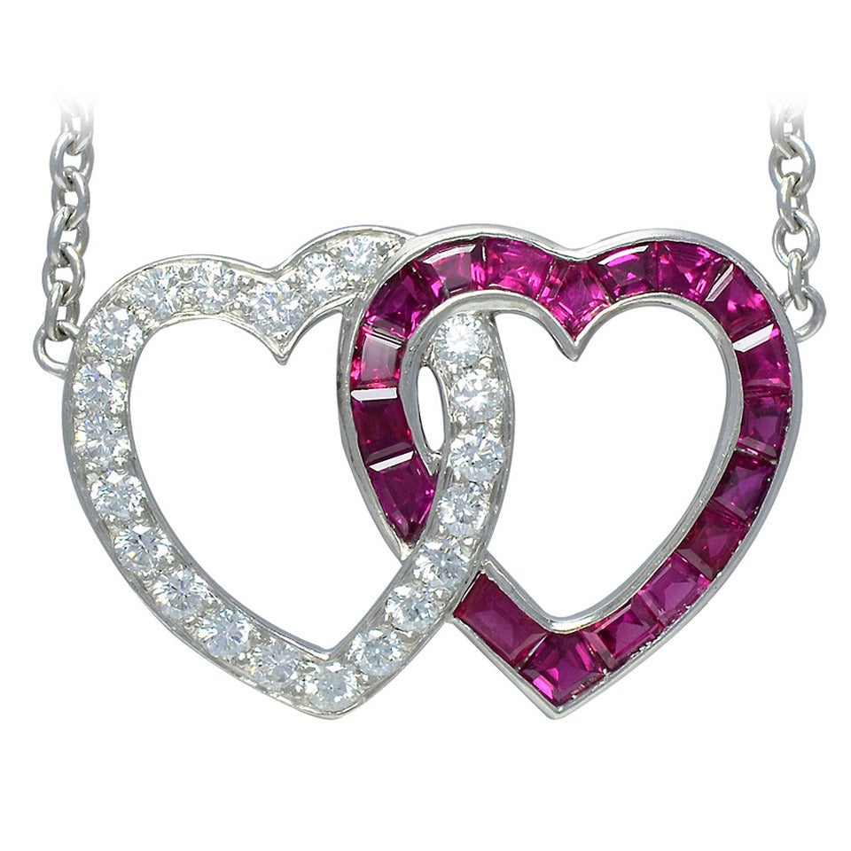 Double Heart Ruby Diamond Platinum Antique Necklace at 1stDibs