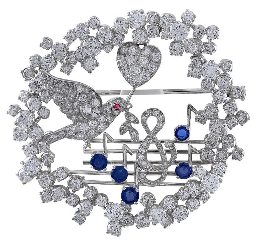Double Heart Diamond and Platinum Pin For Sale at 1stDibs