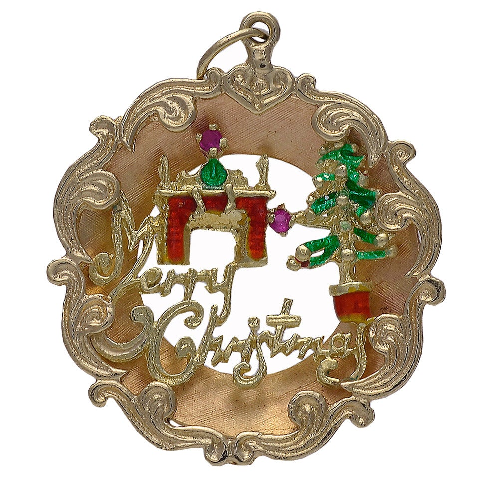 Large Enamel Ruby Gold Charm Pendant at 1stDibs