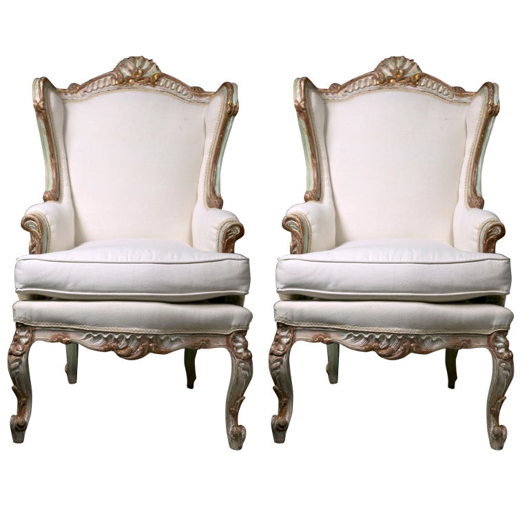 Pair of Painted French Rococo Style Bergere Chairs at 1stDibs