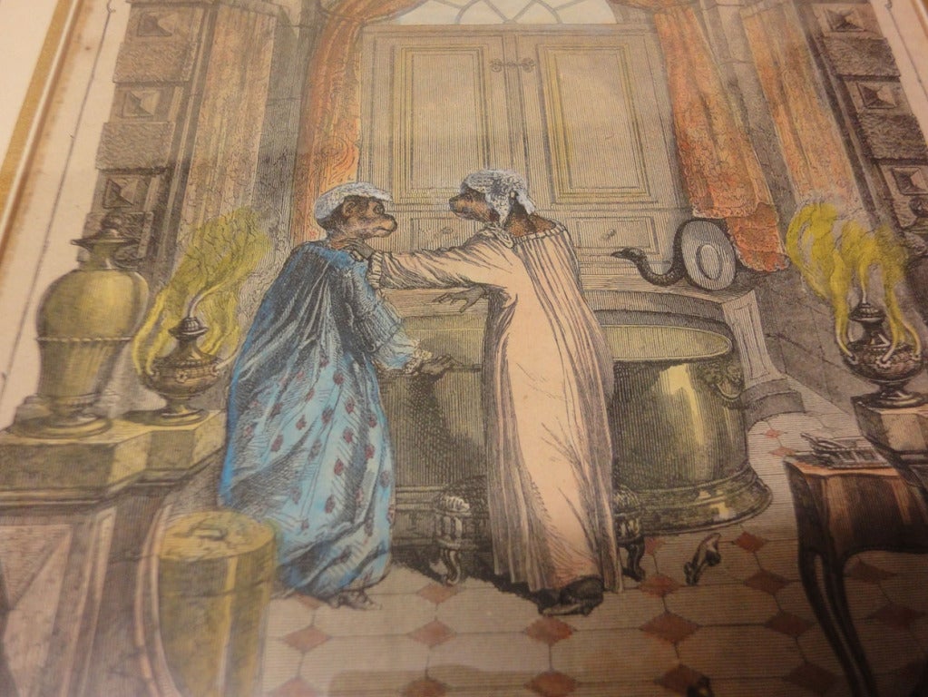 Pair of Framed French Hand Colored Engravings of Singerie For Sale at ...