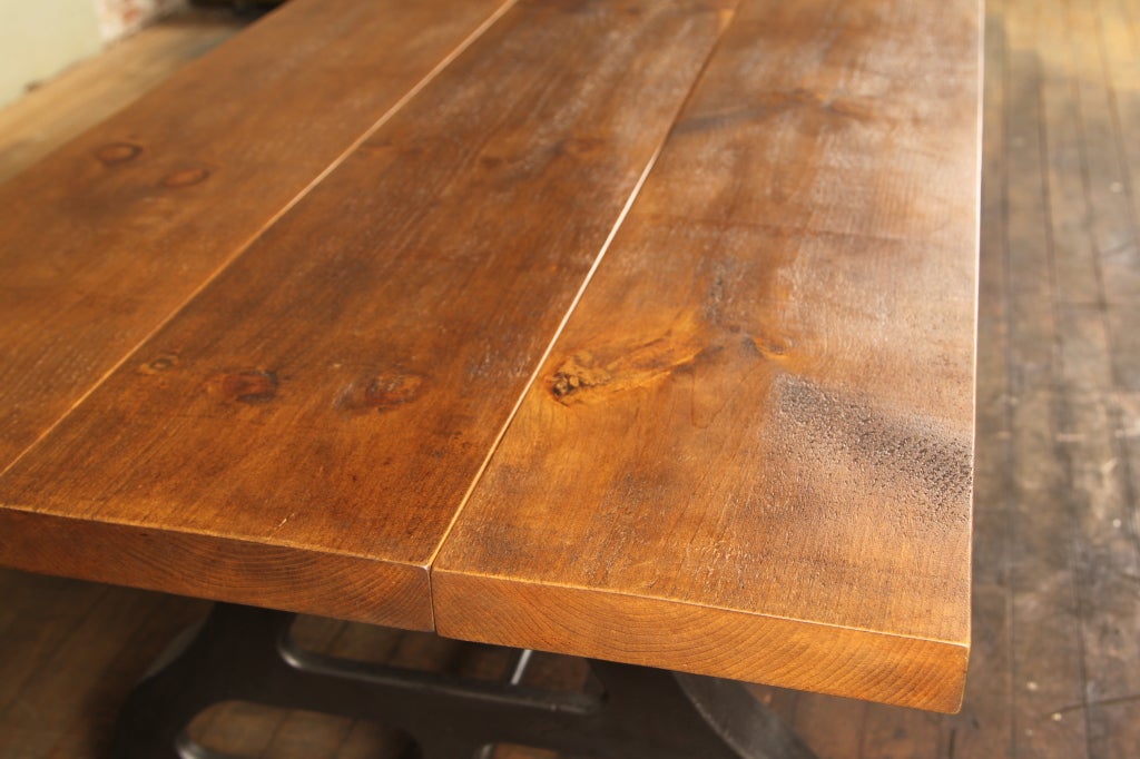 Industrial Plank Top Dining Table - Rough Sawn Pine Wood and Cast Iron ...