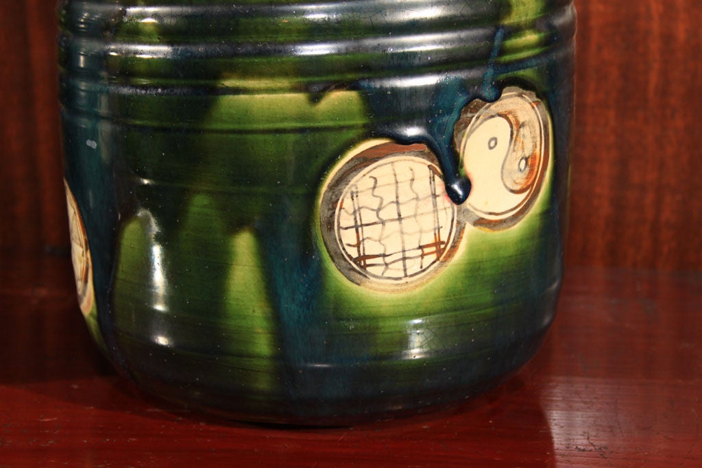 Japanese Oribe Green Glazed Stoneware Te-bachi Planter For Sale at 1stDibs